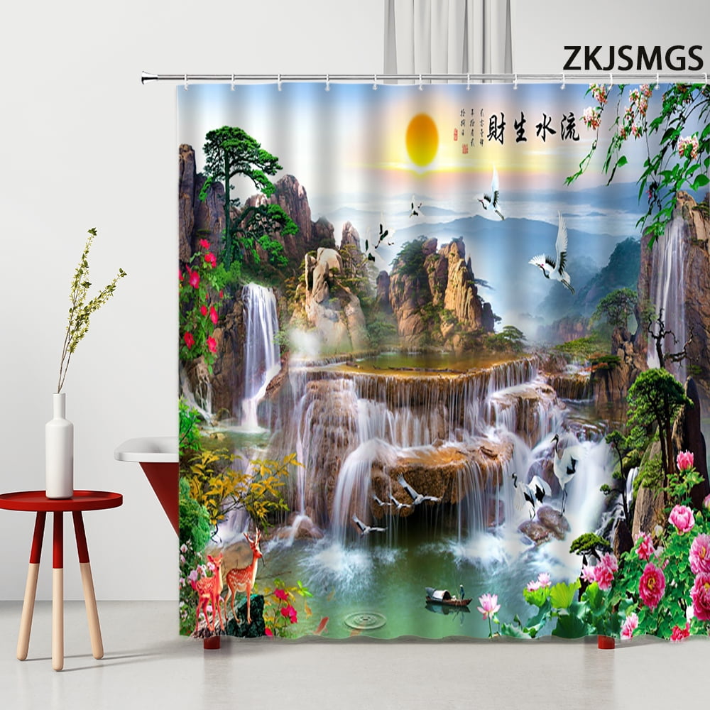 Mountain Water Landscape Shower Curtain Aesthetic Waterfall Forest ...
