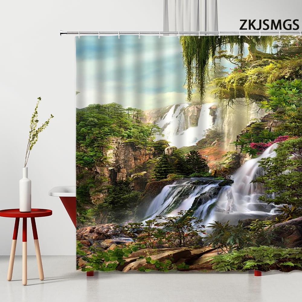 Mountain Water Landscape Shower Curtain Aesthetic Waterfall Forest ...
