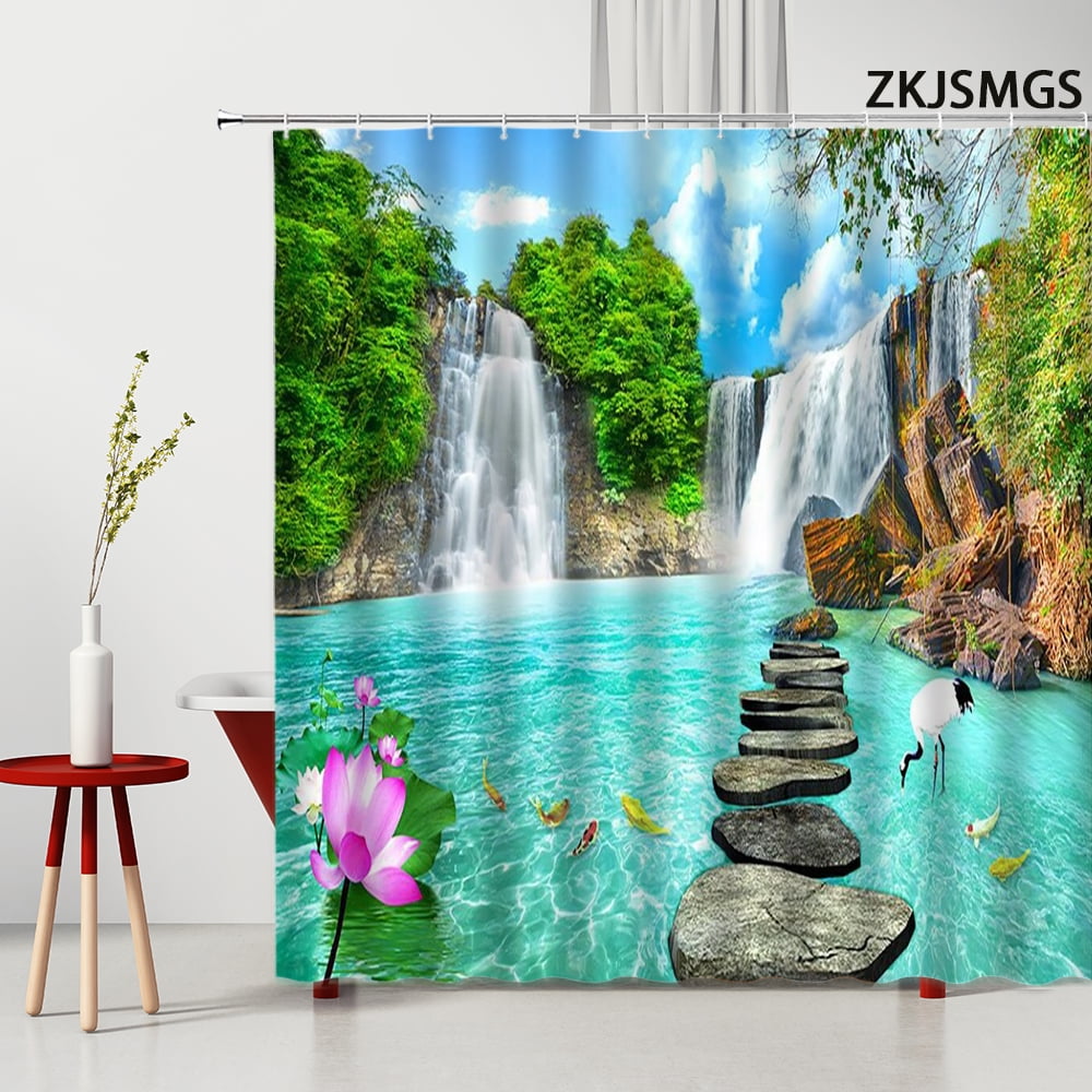 Mountain Water Landscape Shower Curtain Aesthetic Waterfall Forest ...