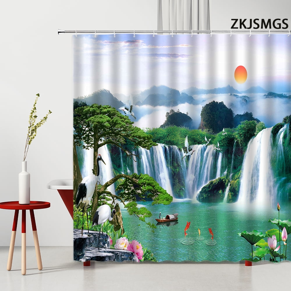 Mountain Water Landscape Shower Curtain Aesthetic Waterfall Forest ...