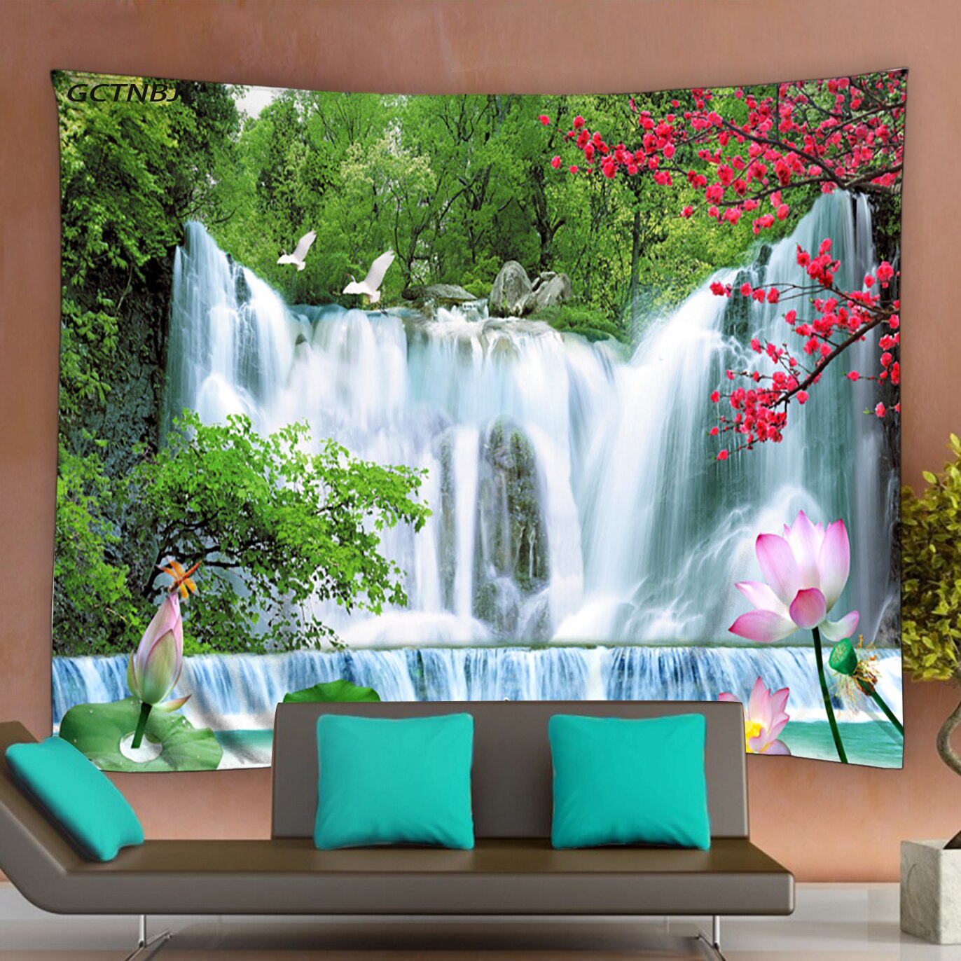 Mountain Water Waterfall Scenery Tapestry Wall Hanging Aesthetic Crane Pine Forest Landscape ...