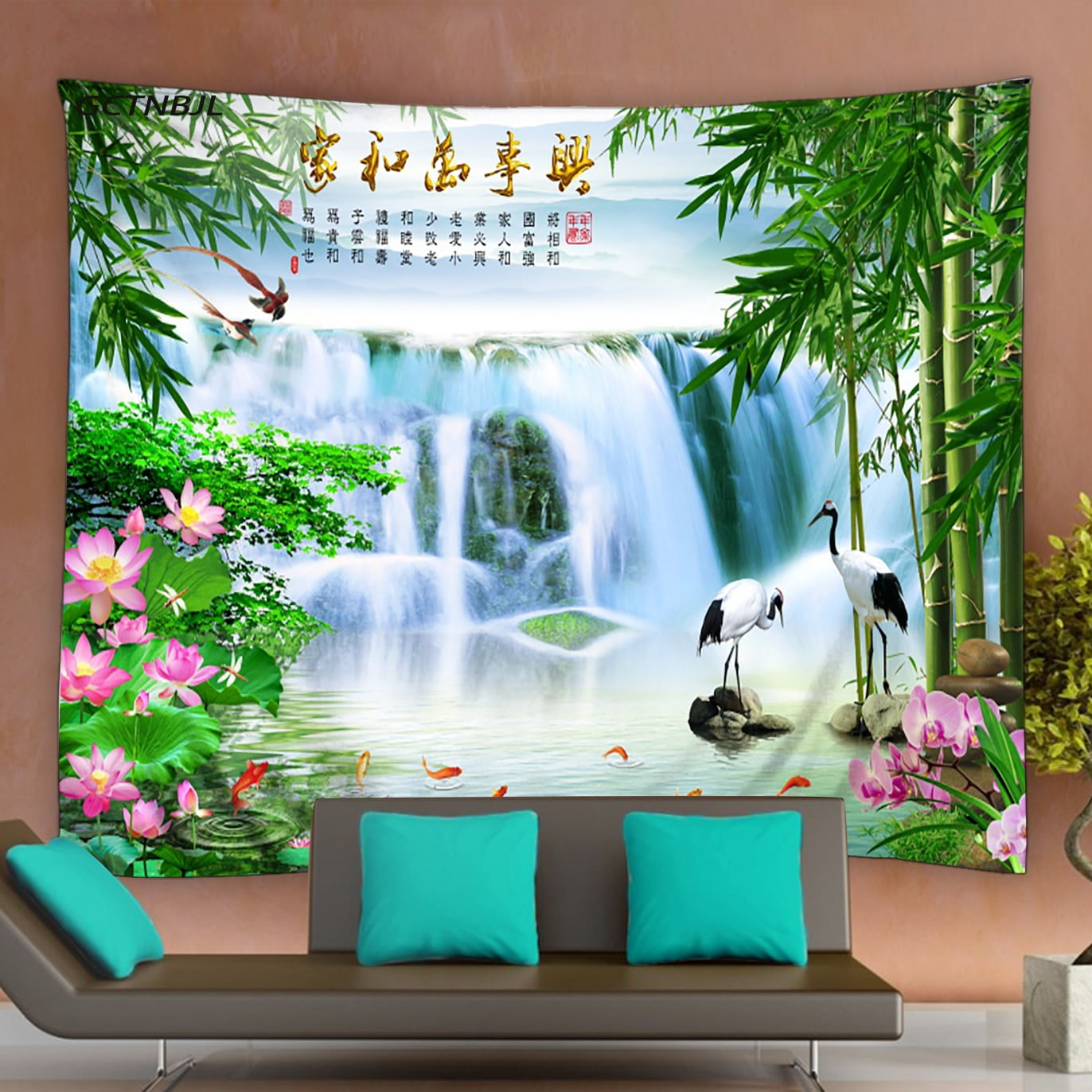 Mountain Water Waterfall Scenery Tapestry Wall Hanging Aesthetic Crane Pine Forest Landscape ...