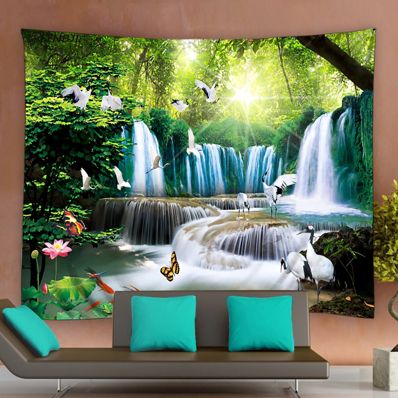 Mountain Water Waterfall Scenery Tapestry Wall Hanging Aesthetic Crane Pine Forest Landscape ...