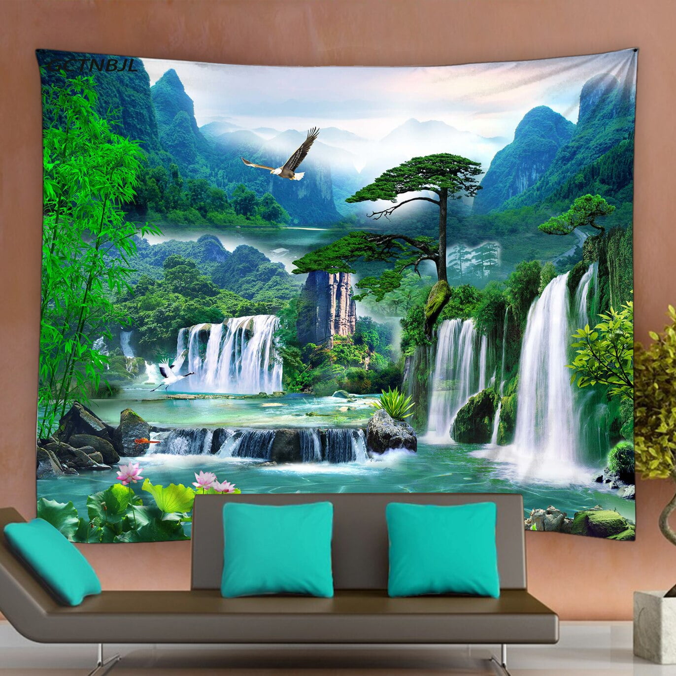 Mountain Water Waterfall Scenery Tapestry Wall Hanging Aesthetic Crane ...