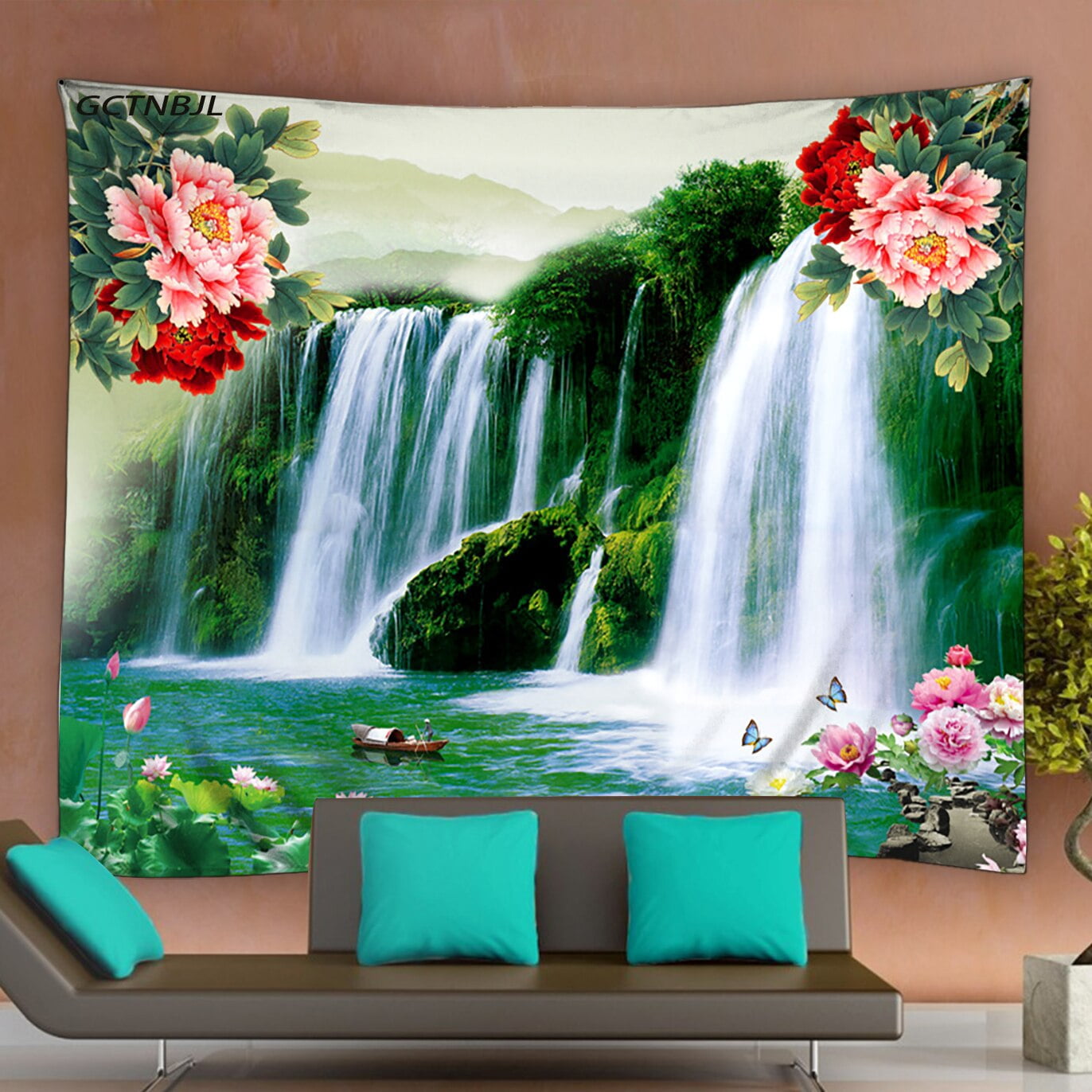 Mountain Water Waterfall Scenery Tapestry Wall Hanging Aesthetic Crane ...