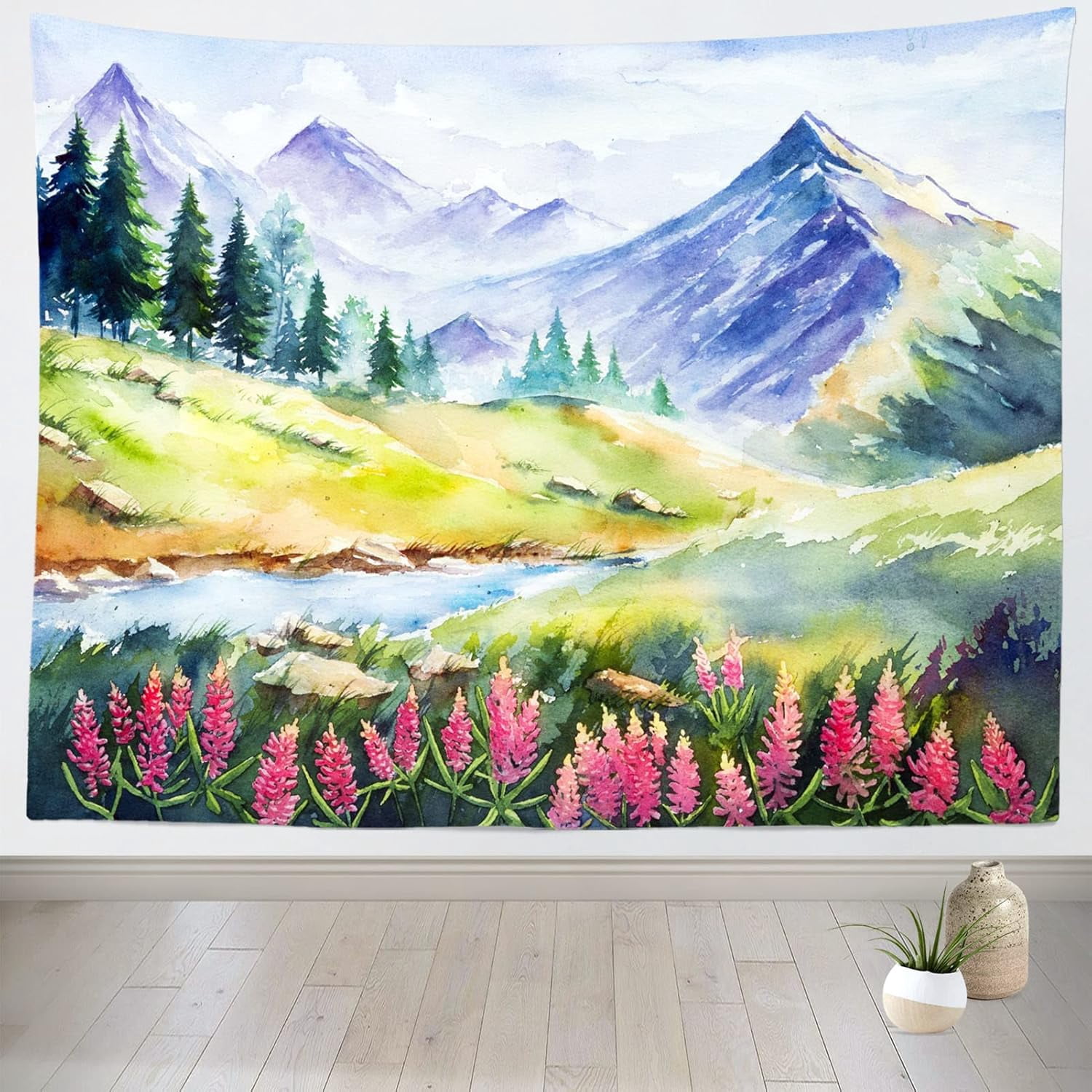 Mountain Watercolor Tapestry Spring Scenery Mountain Lake Forest ...