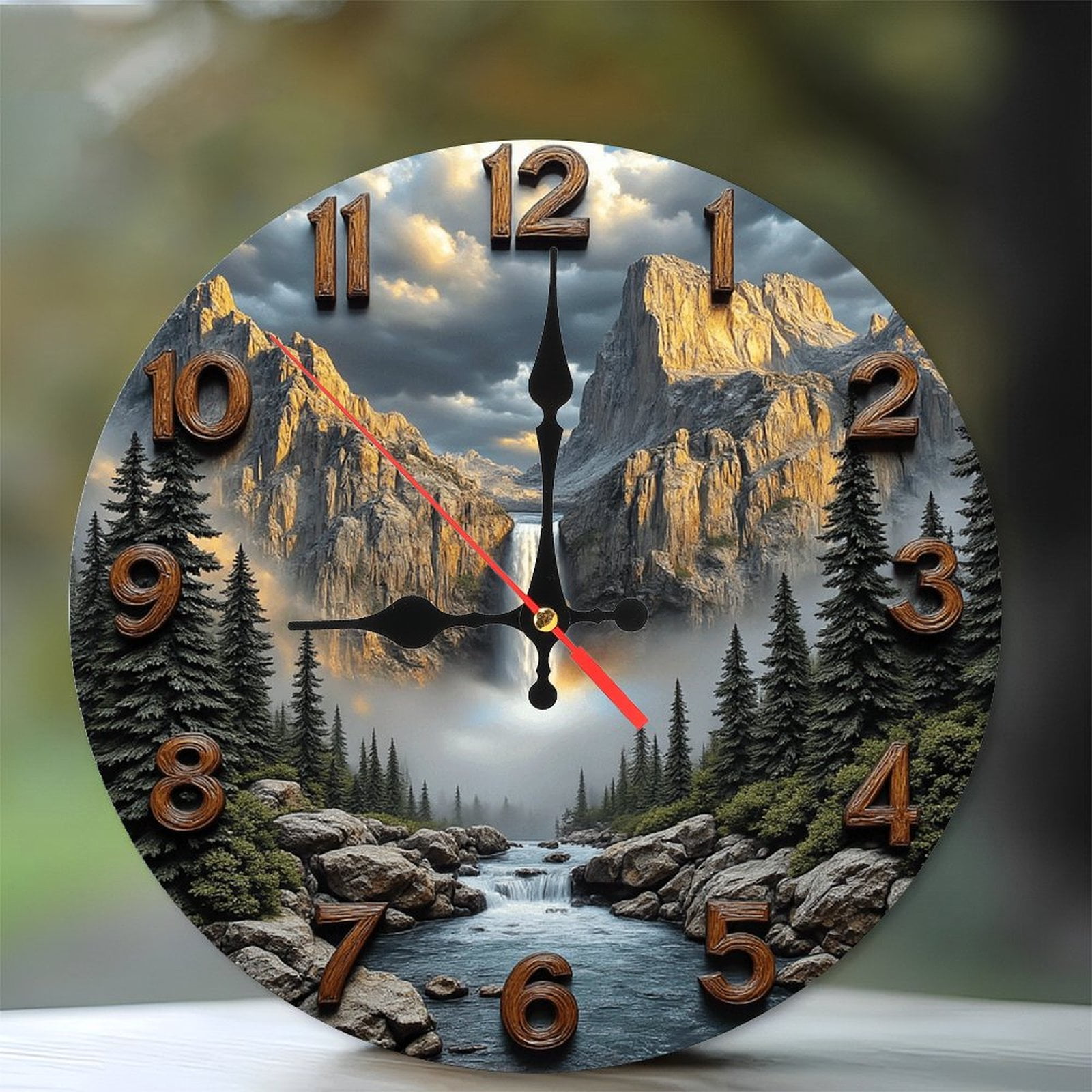Mountain Waterfall Clock Wall Decor 10-Inch Silent Wooden Wall Clock ...