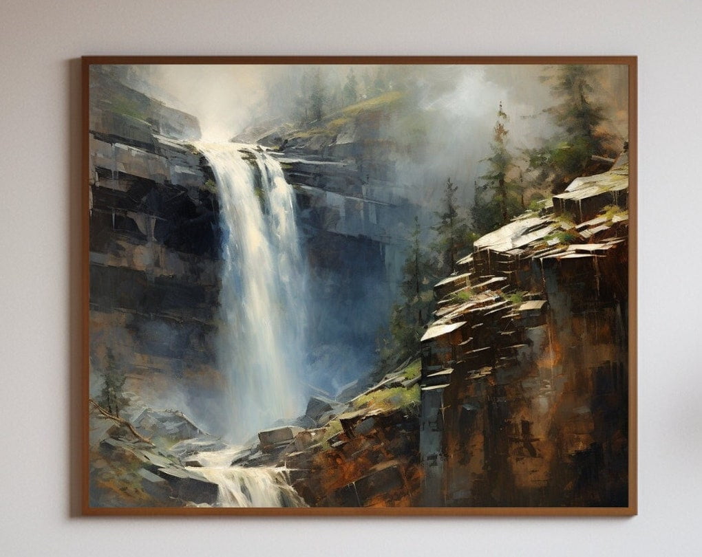 Mountain Waterfall Painting Art Deep Blue And Frothy White Cascade ...