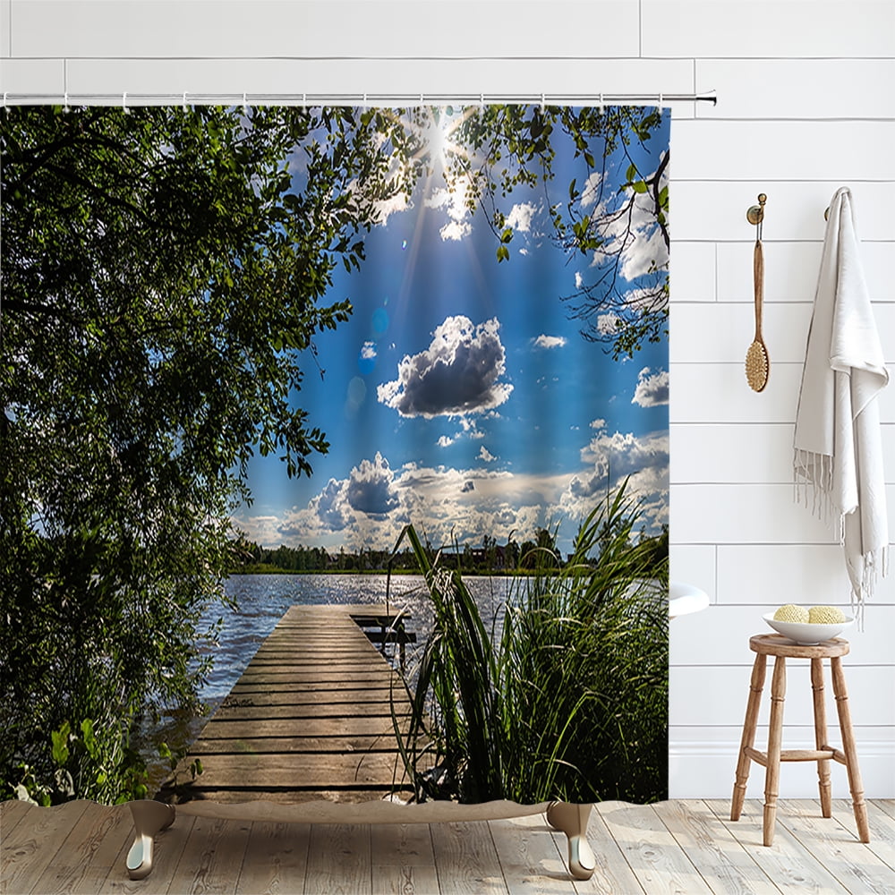 Mountain Waterfall Shower Curtain Lake Pool Crane Flower Bird Nature ...