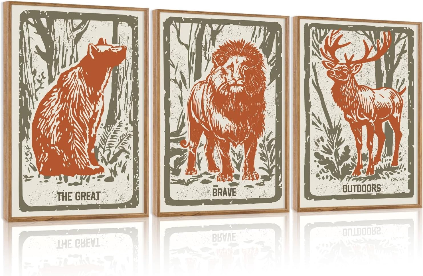 Mountain Woodcut Nature d Canvas Wall Art Set,Vintage Pine Tree Wall ...