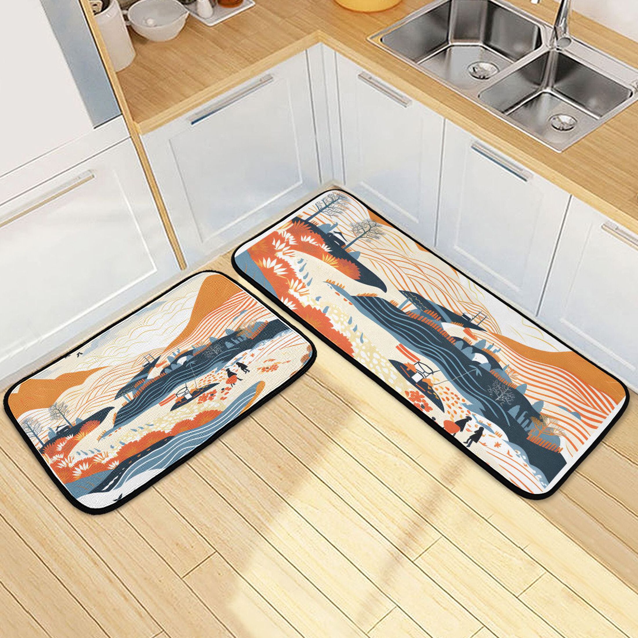 Mountain and Birds Landscape Kitchen Rugs Set of 2 Non Slip Floor Foam ...