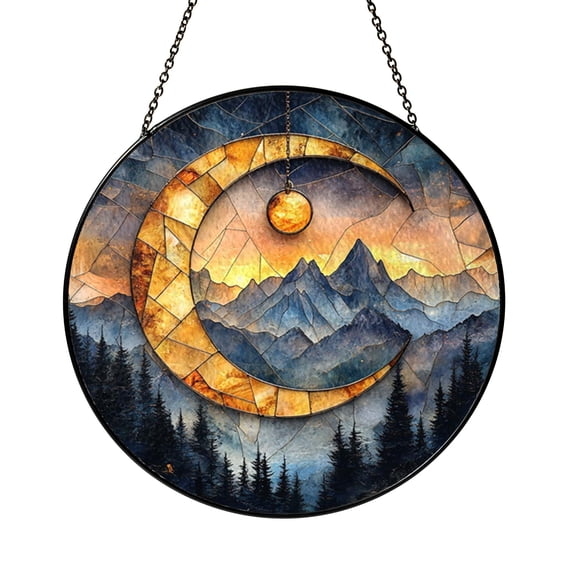 Mountain and Forest Stained Glass Style Suncatcher, Fantasy Moonlit ...