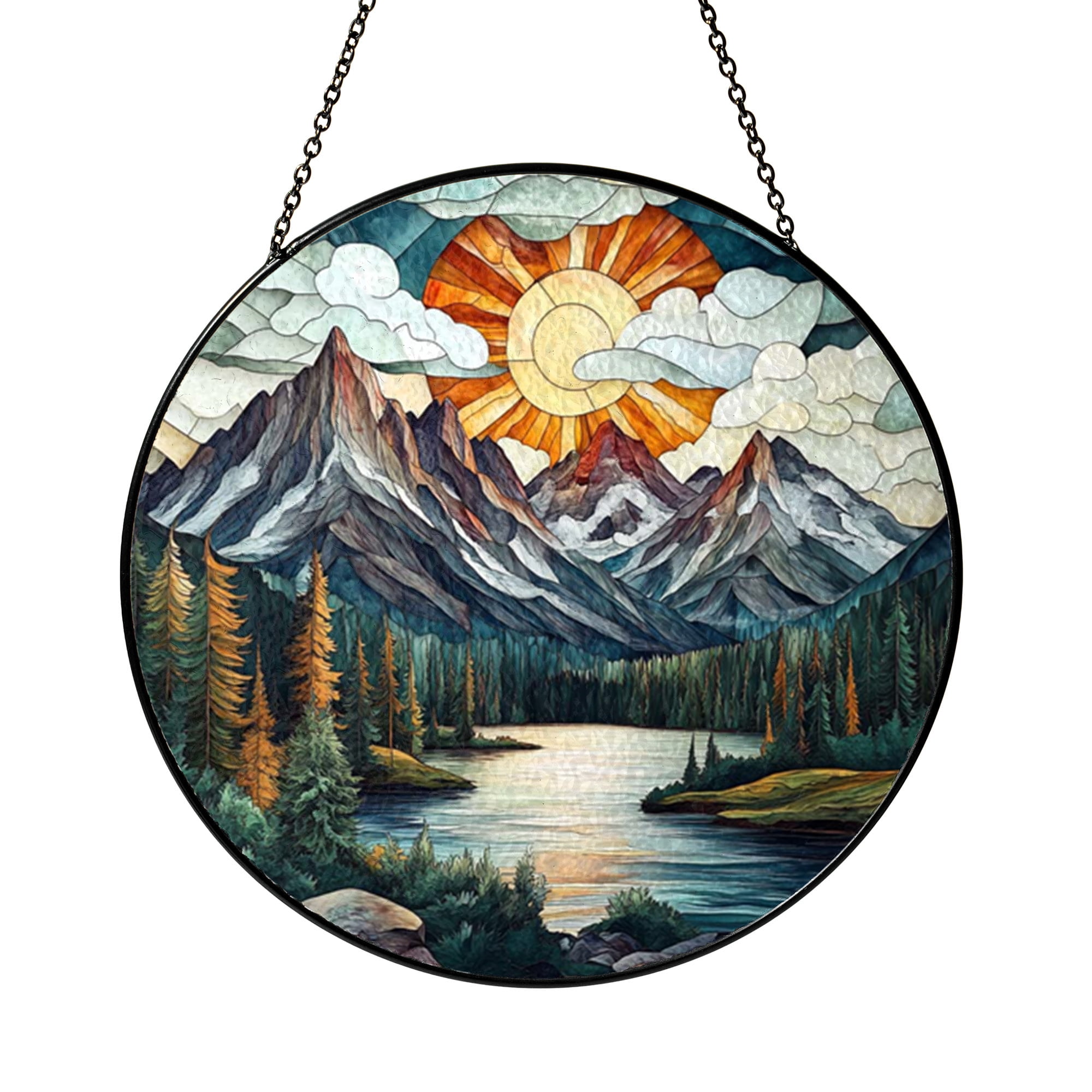 Mountain and Lake Sunrise Stained Glass Suncatcher – Scenic Window ...