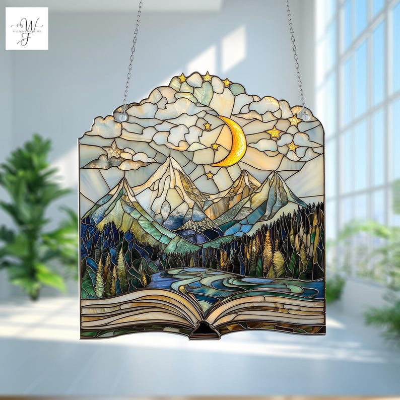 Mountain and Moon Acrylic Window Hanging, Book Suncatcher, Nature ...