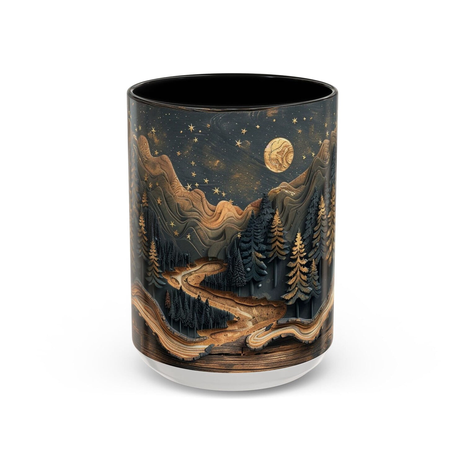 Mountain and Moon Ceramic Mug: Wood Grain Texture, Nature Lover Gift ...