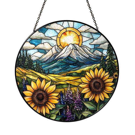 Mountain and Sunflower Field Glass Suncatcher Panel, Stained Glass ...