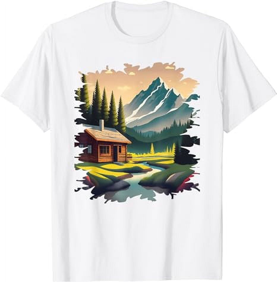 Mountain landscape with large pine trees river and cabin T-Shirt ...
