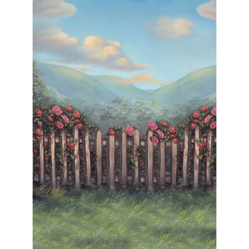 Mountain top background Green grass Pink floral Backdrop for ...