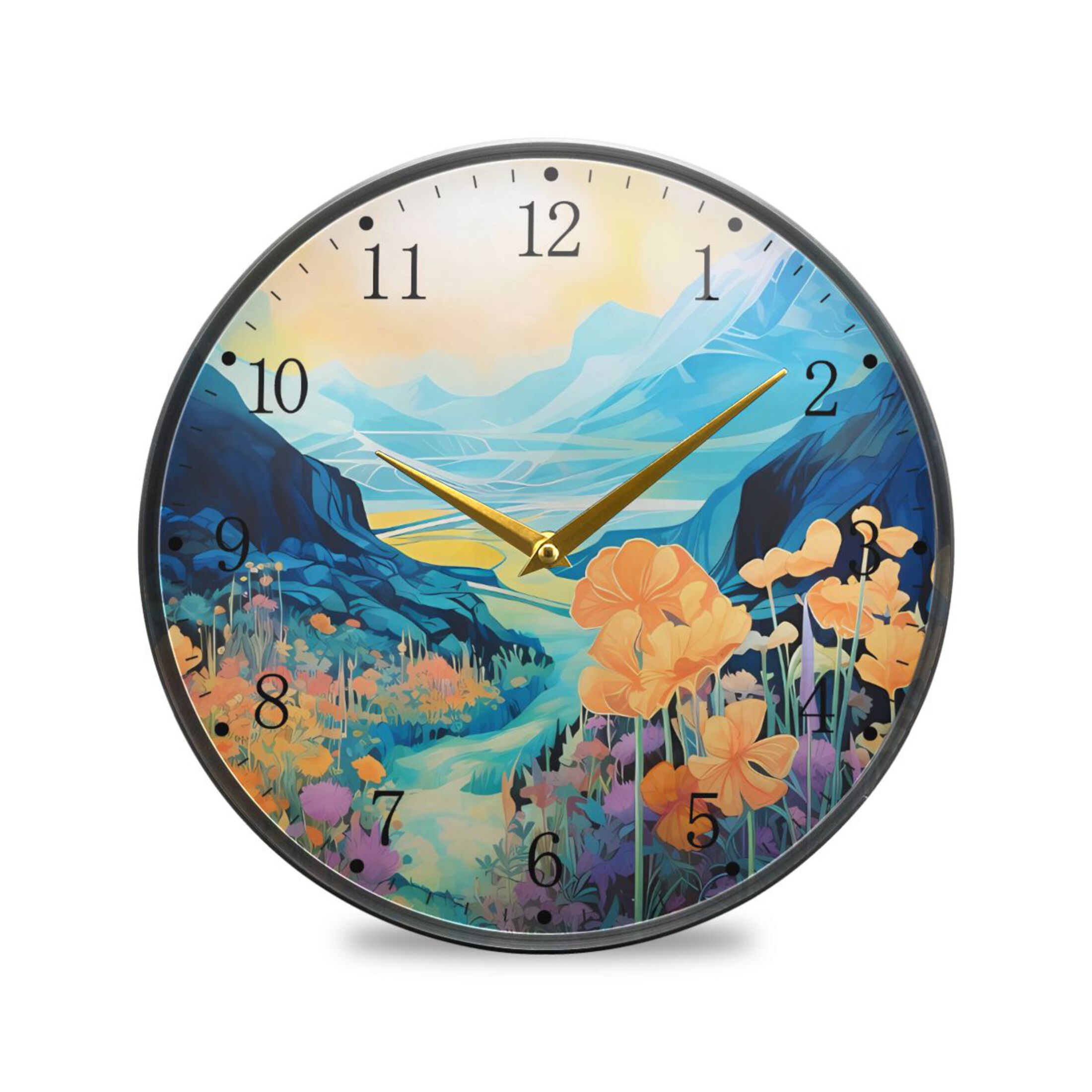 Mountains in Blue and Flowers Acrylic Wall Clocks Quiet Round Clock ...