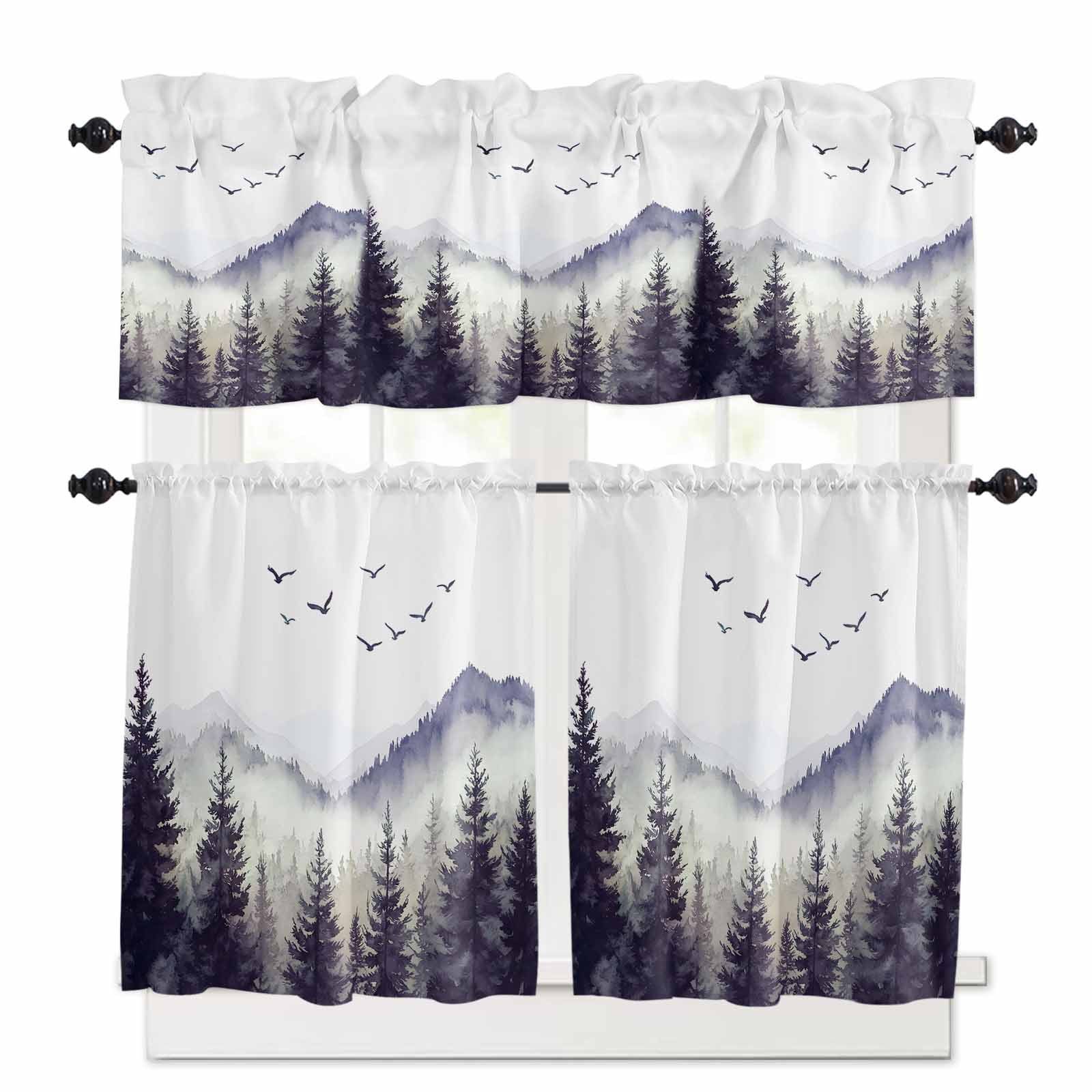 Mountains Forest Kitchen Curtains Set for Windows 3 Pieces,36 Inch ...