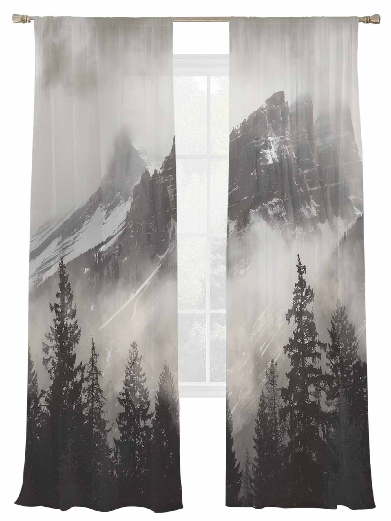 Mountains Forest Sheer Curtains 108 Inch Long 2 Panels, Nature ...