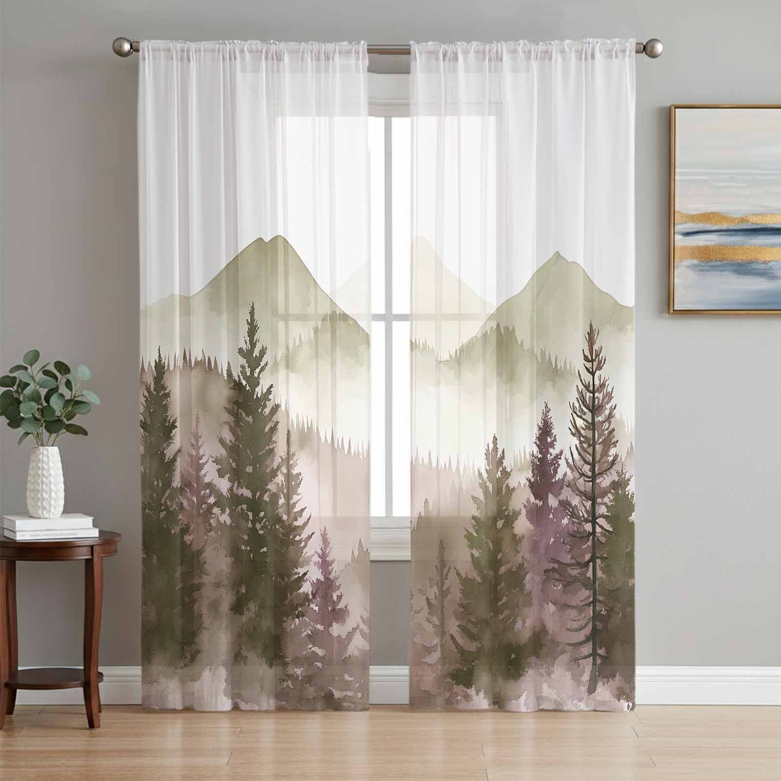 Mountains Forest Sheer Curtains 63 Inch Length 2 Panels Set, Watercolor ...