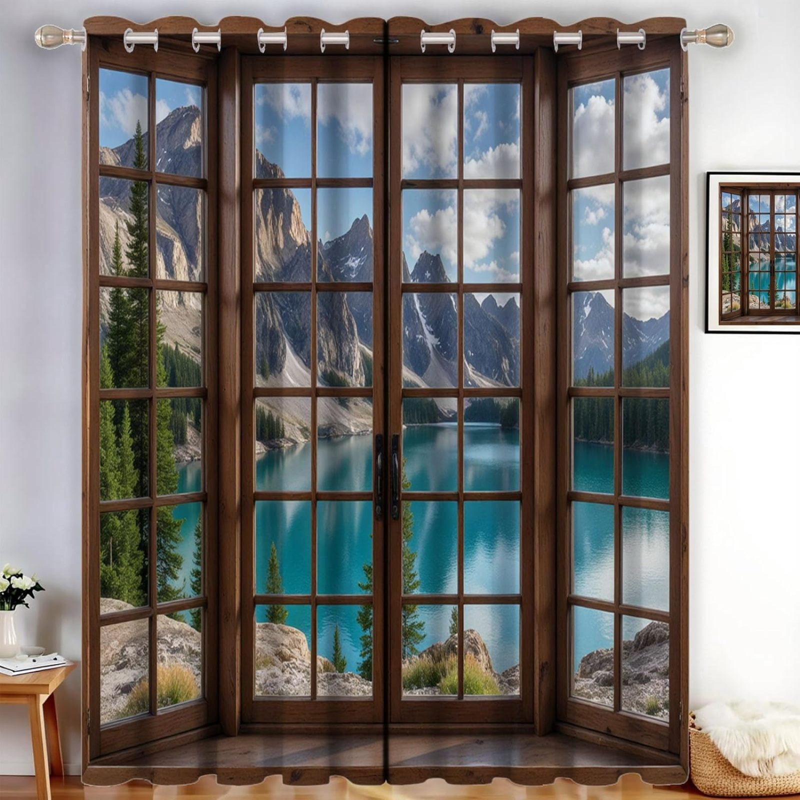 Mountains And Lakes Opaque Tropical Wooden Window Frame Blackout ...