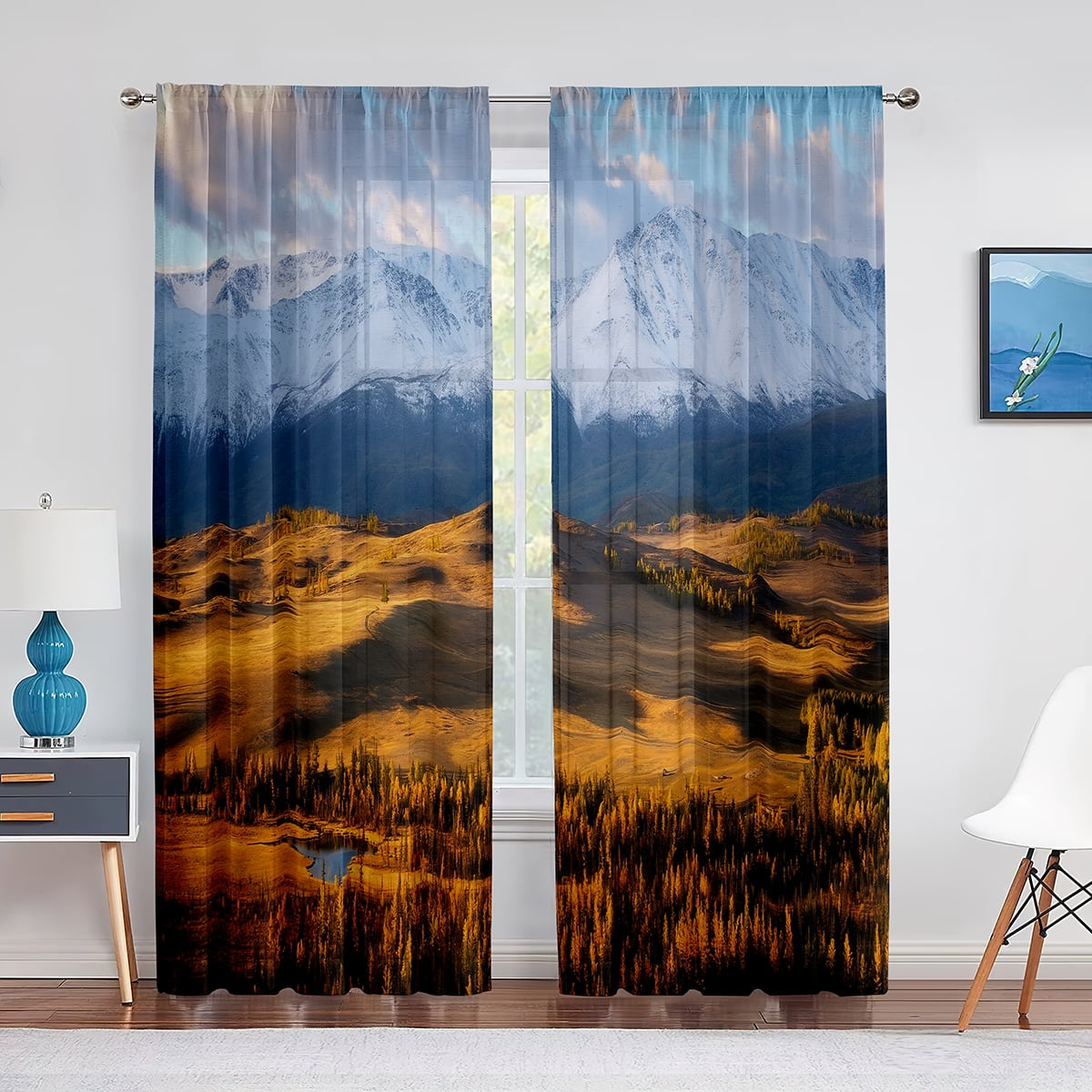 Mountains Landscape Sheer Voile Curtain Lake Water Reflection Trees ...