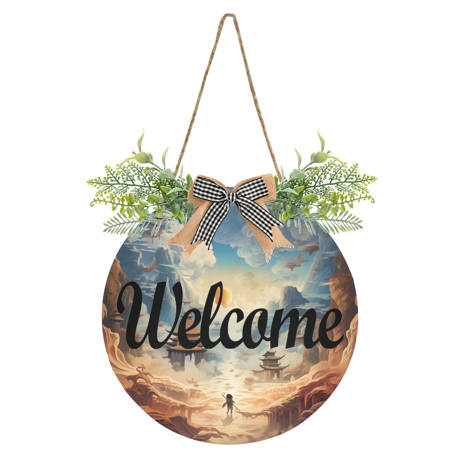 Mountains Person Clouds Temples Welcome Sign for Front Door Wreath Door ...