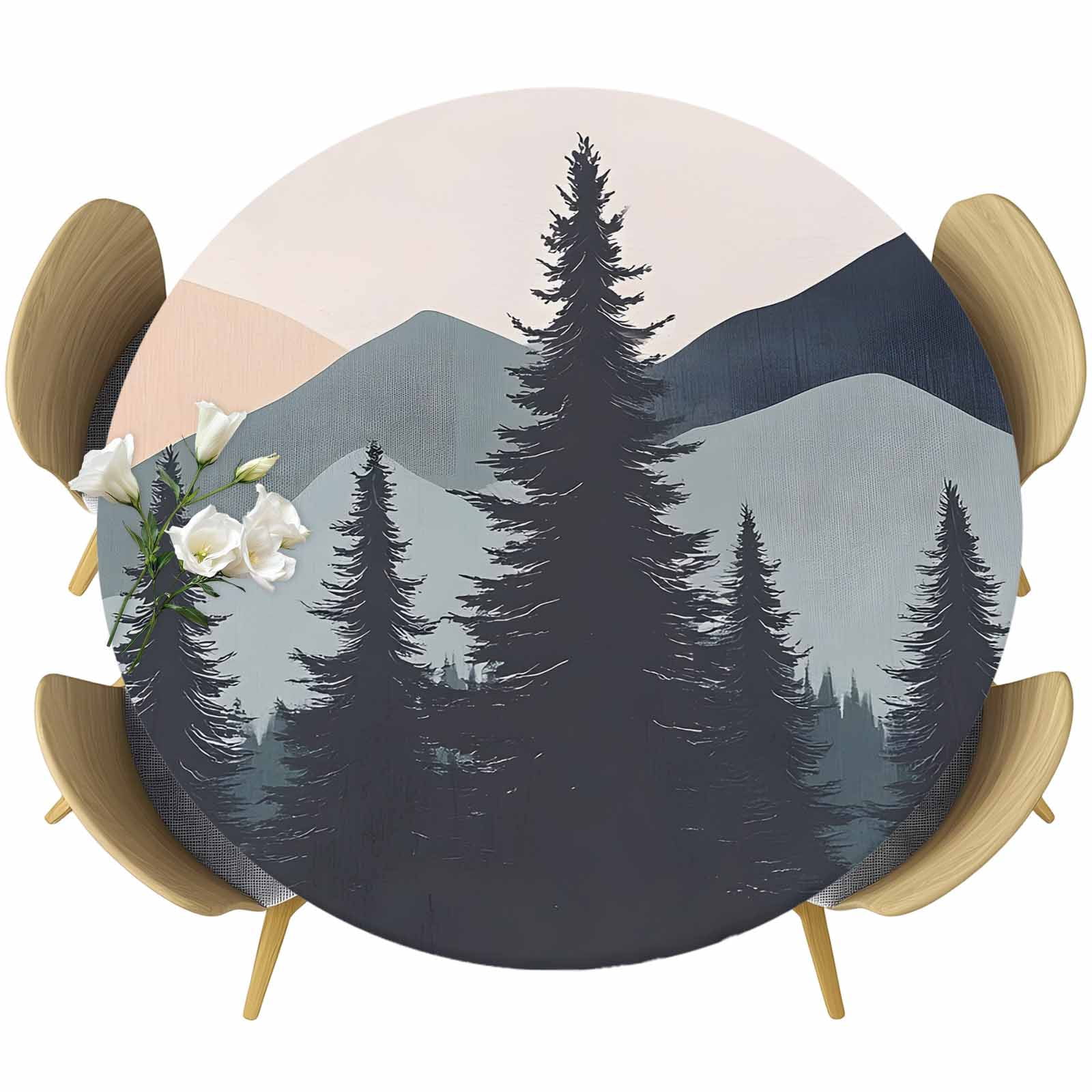 Mountains Round Fitted Tablecloth with Elastic Edge, Forest Peaks ...