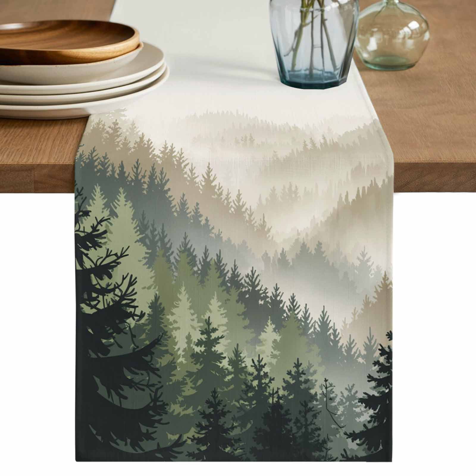 Mountains Table Runner 90 Inches, Watercolor Forest Nature Pine Trees ...