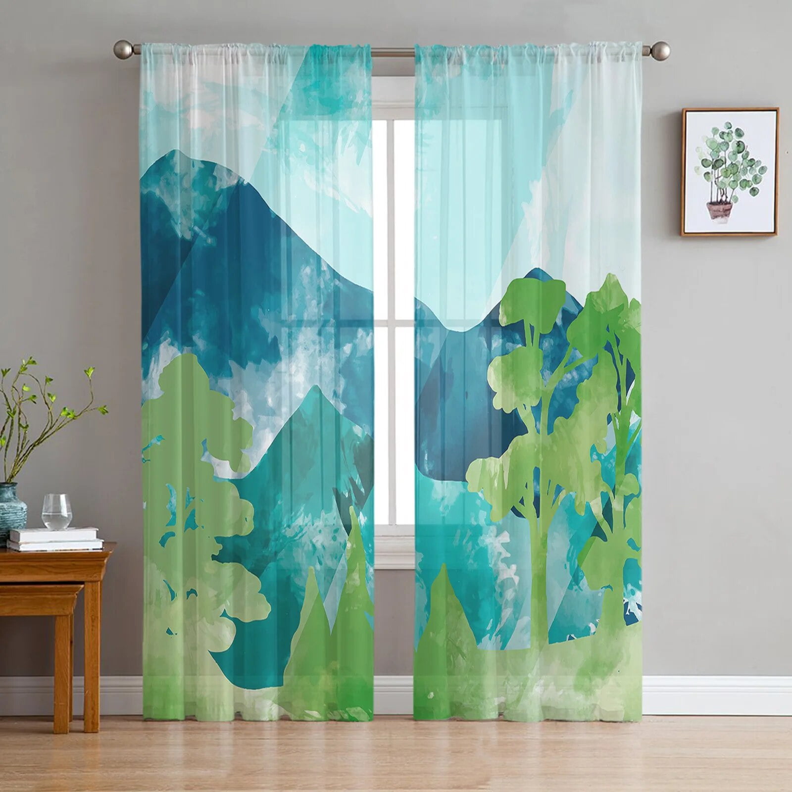 Mountains Trees Green Landscape Sheer Curtain for Living Room Hall Wall ...