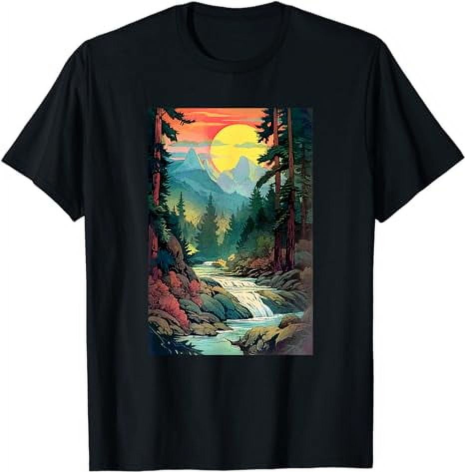 Mountains Trees River Waterfall Woodsy Nature Scene Outdoors T-Shirt ...