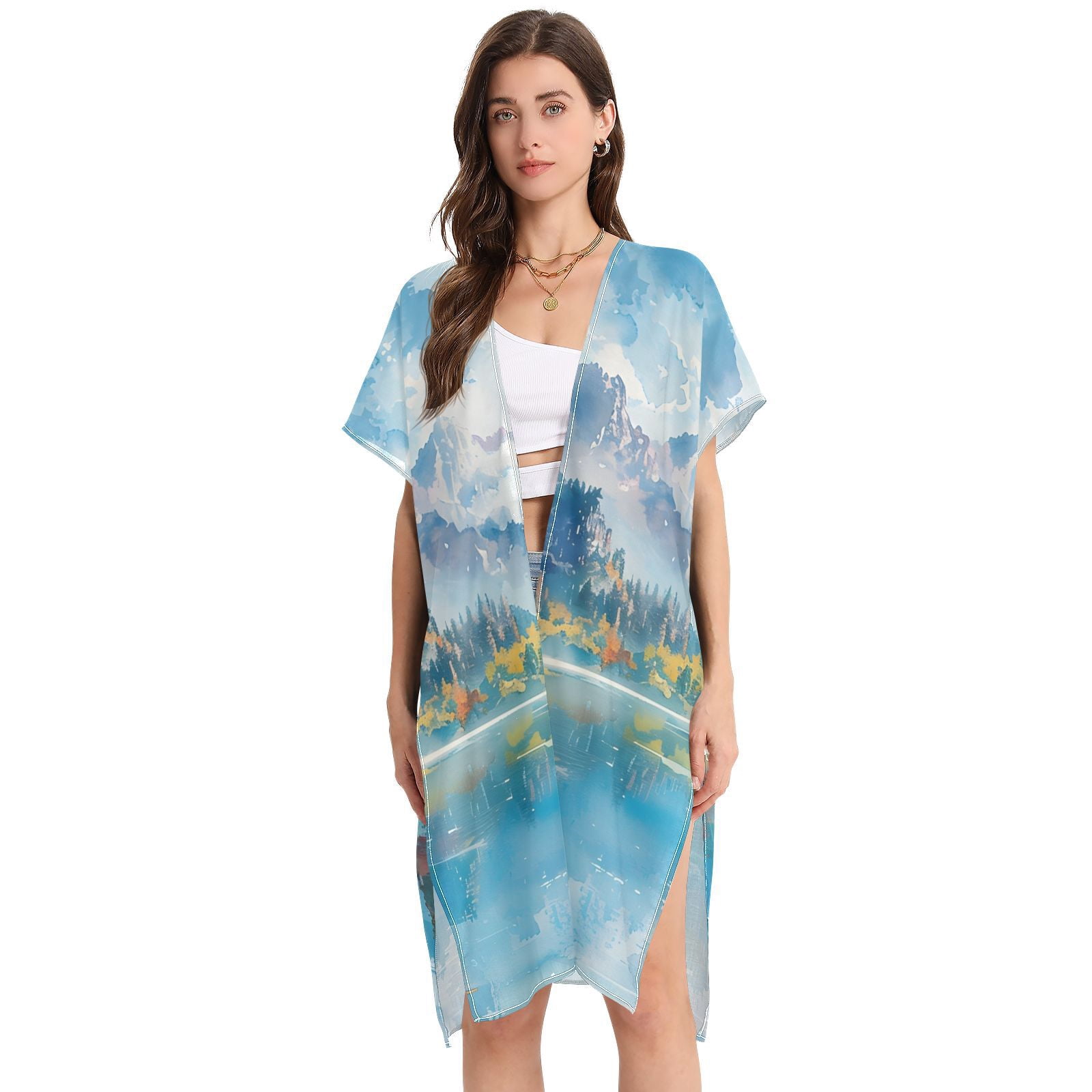 Mountains Trees Sea Sky Women Swimsuit Cover up V Neck Beach Dress ...