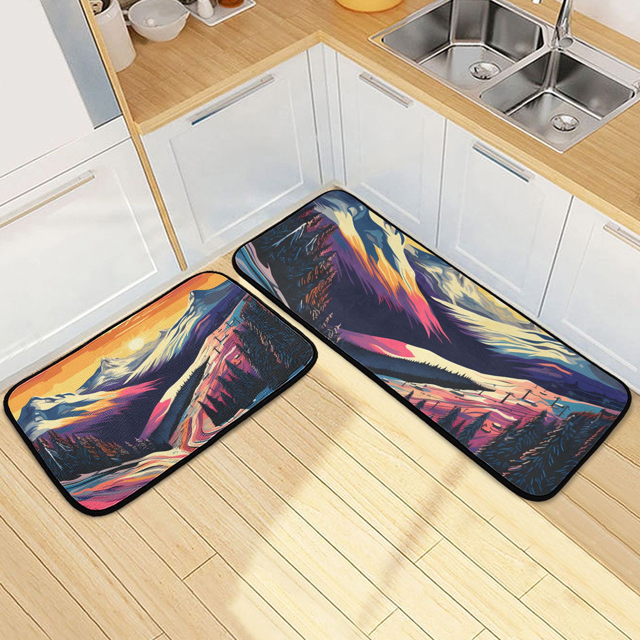 Mountains and Sunset Kitchen Mats Set 2 Piece Non Slip Floor Foam Rugs ...