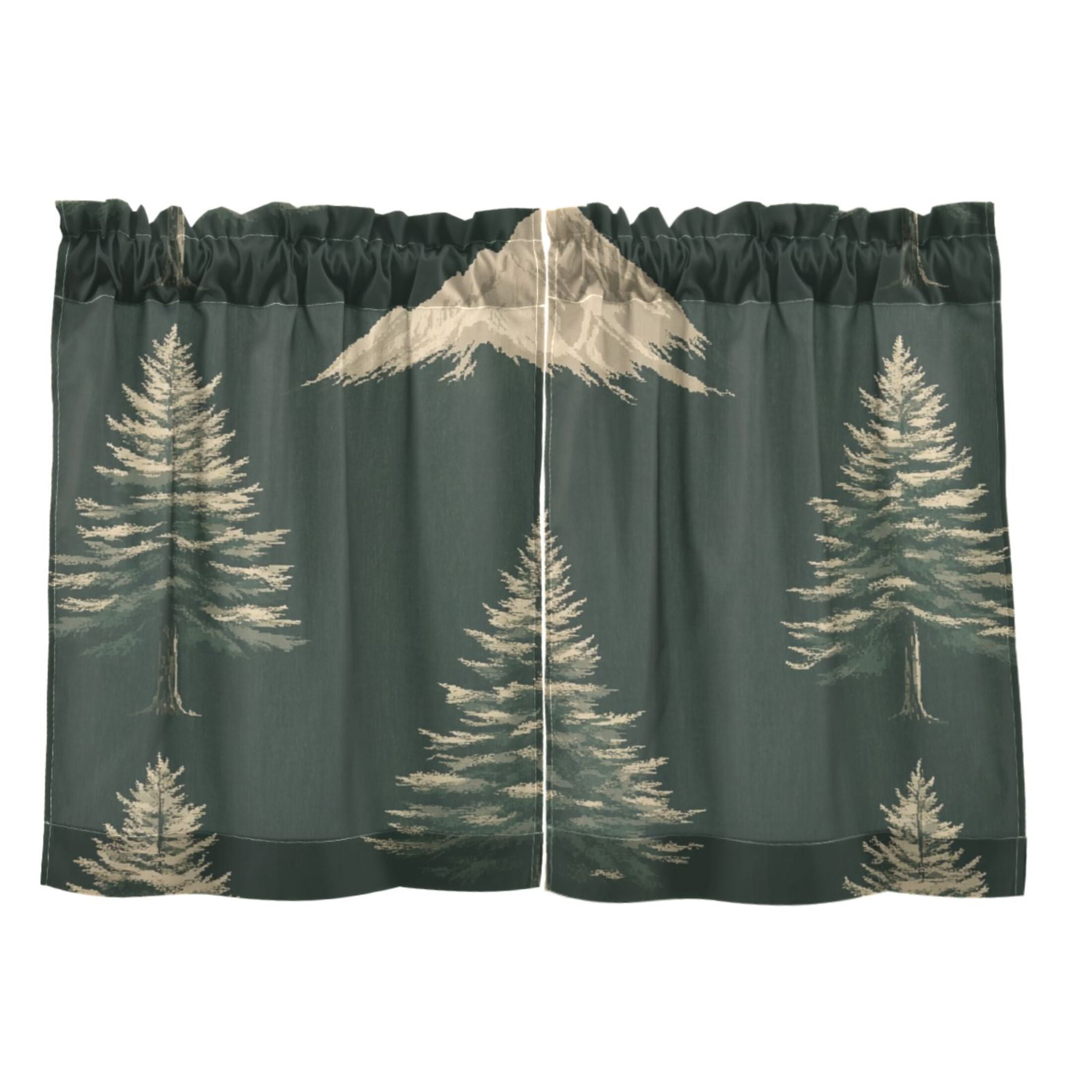 Mountains and Trees 27"x36" Linen Look Cafe Curtain Set with Privacy ...