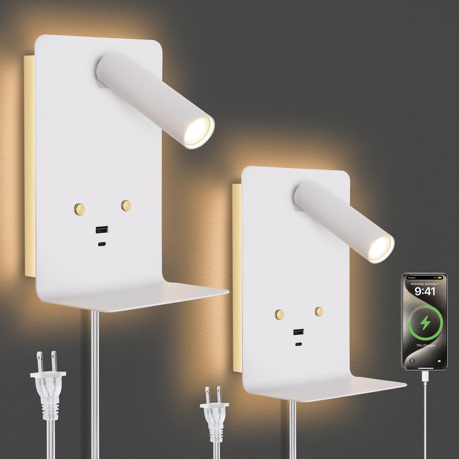 Mounted Reading Light Pack of 2 - Plug in Bedroom Bedside Lamp Wall ...