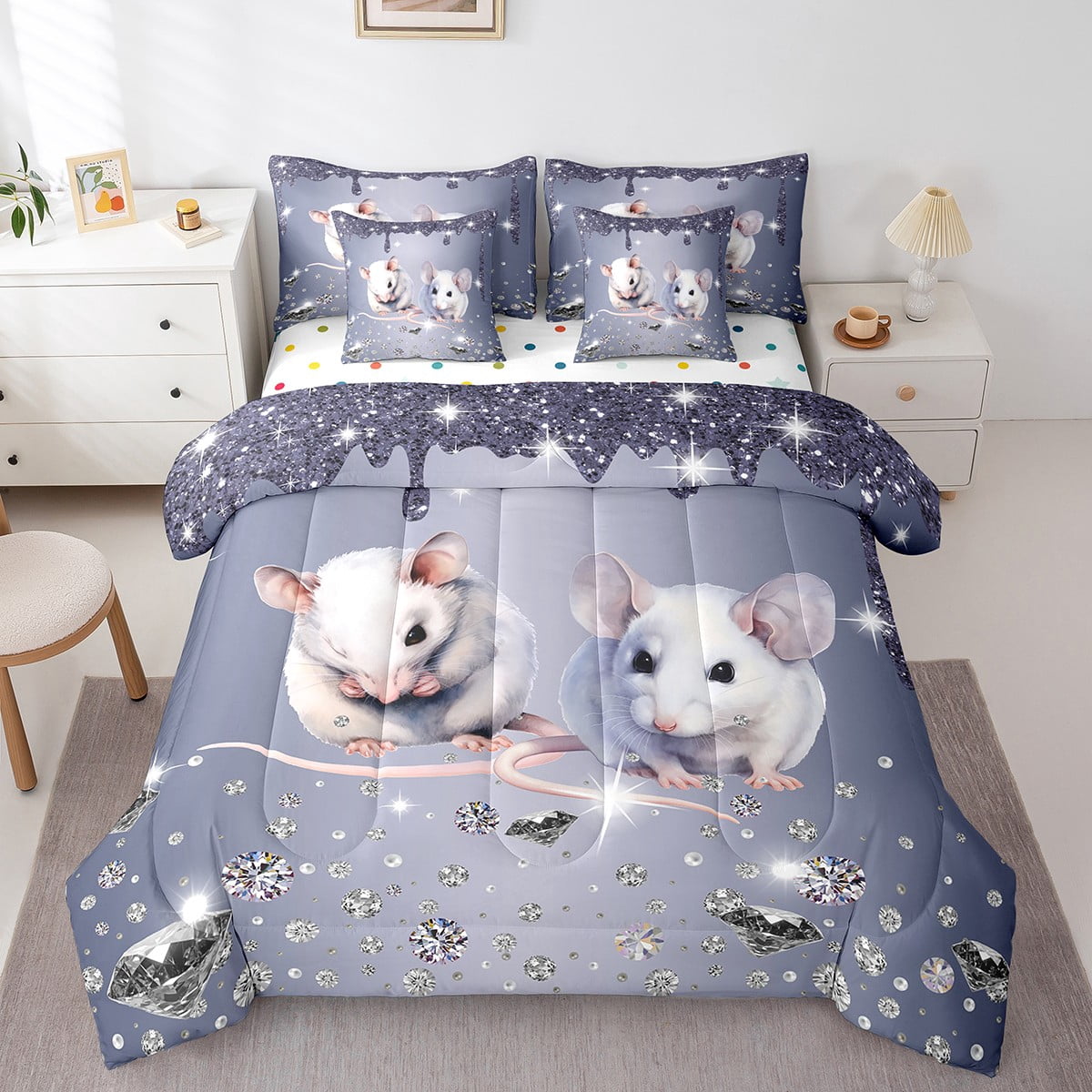 Mouse 7 Piece Comforter Set Full Bed in a Bag,Grey Sequin Fluid Art ...