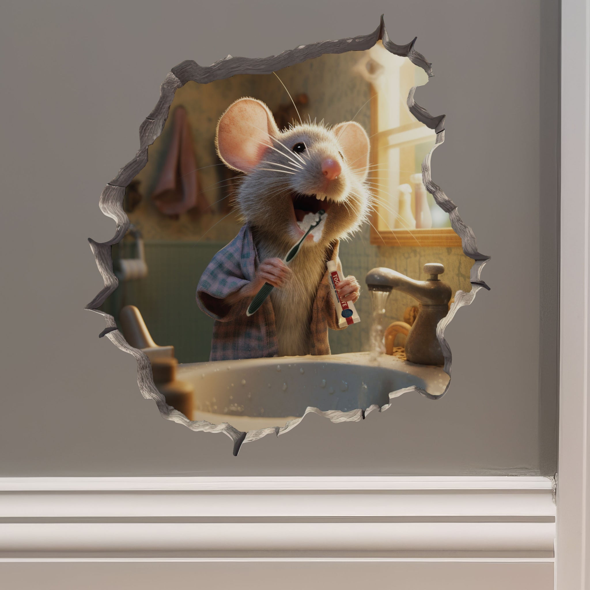 Mouse Brushing its Teeth Mouse in Mouse Hole Decal - Mouse Hole 3D Wall ...