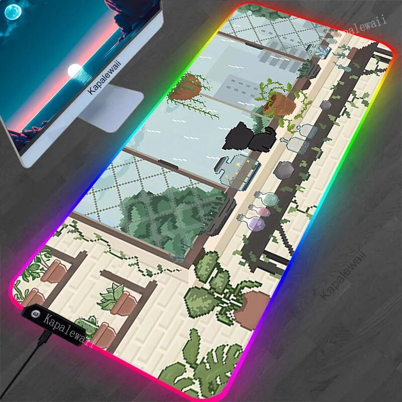 Mouse Mat Cute Cat RGB Pad Large Mousepad Kawaii Plant LED Backlit ...