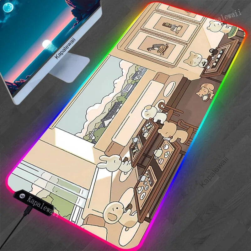 Mouse Mat Cute Cat RGB Pad Large Mousepad Kawaii Plant LED Backlit ...