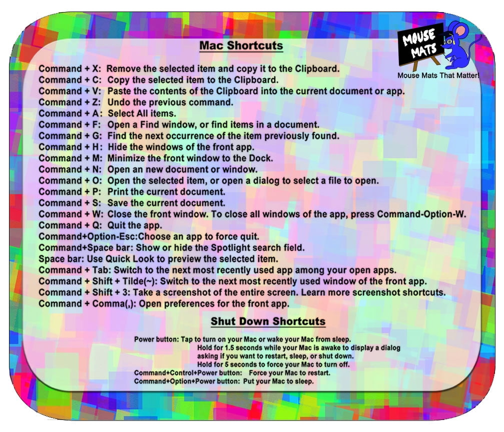 Mouse Mats Mac Keyboard Shortcut Cheat Sheet Sublimated Mouse Pad ...