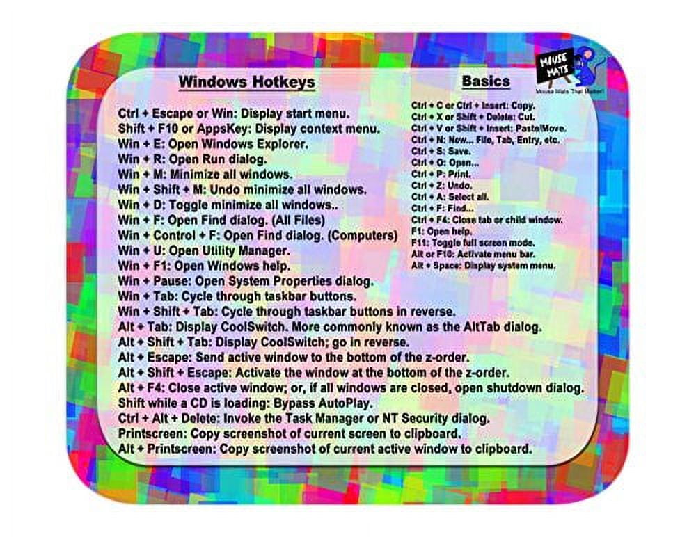 Mouse Mats Windows Hotkey/ Keyboard Shortcut Cheat Sheet Sublimated ...