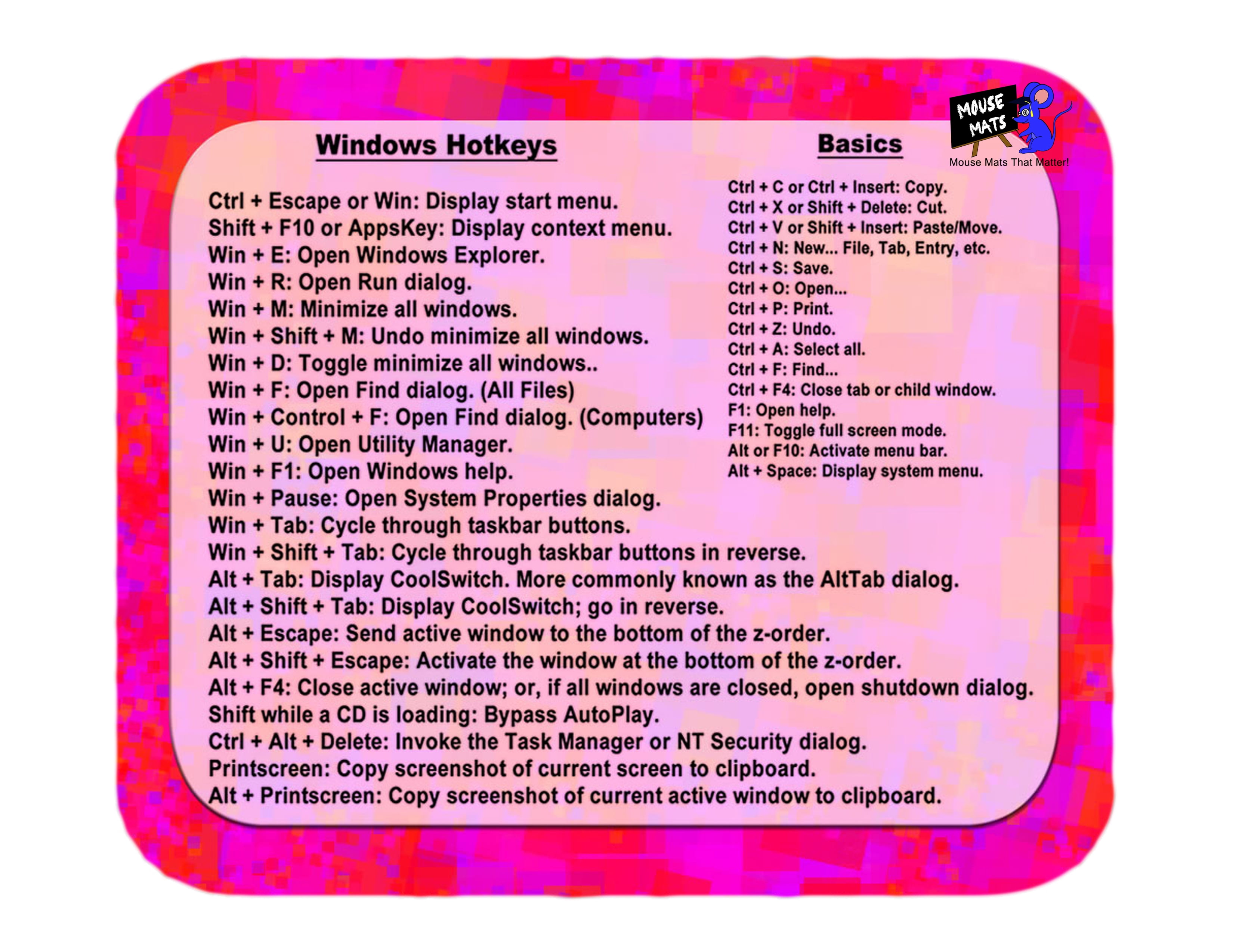 Mouse Mats Windows Hotkey/ Keyboard Shortcut Cheat Sheet Sublimated ...