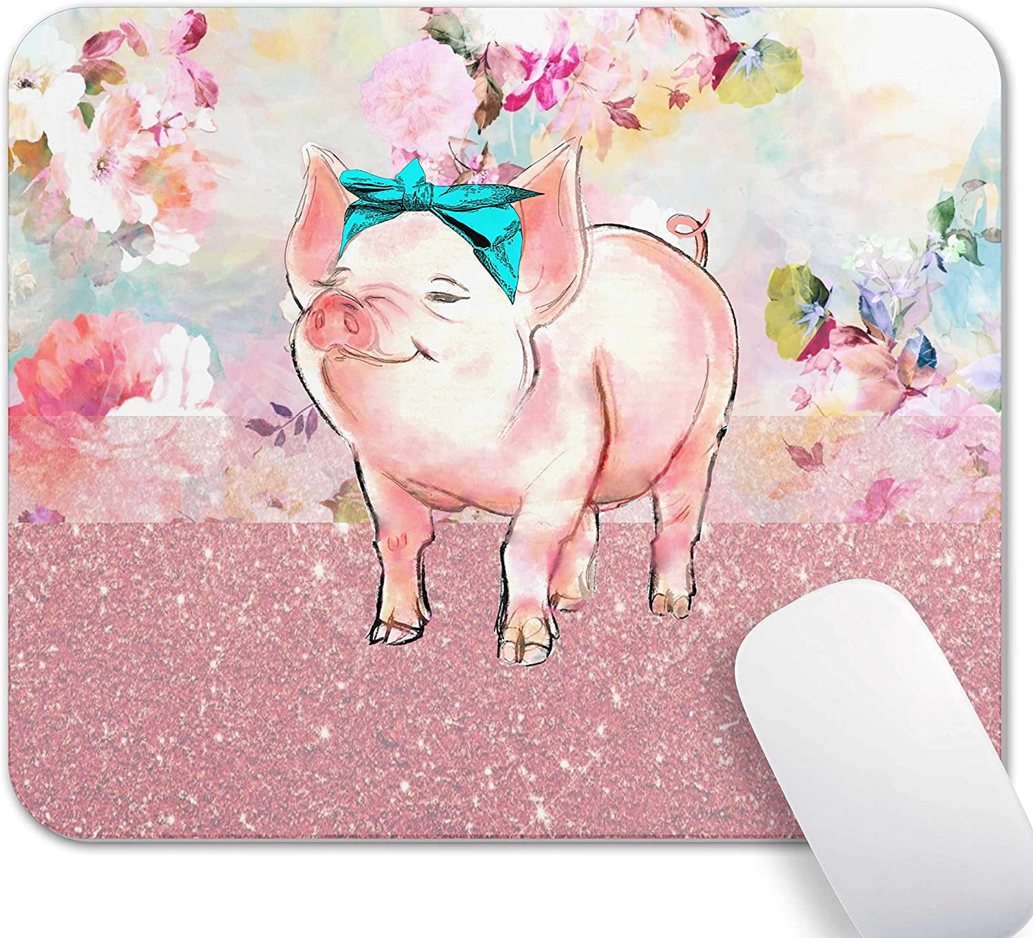 Mouse Pad, Cute Pig with Headband and Bright Pink flowersMouse Pad ...