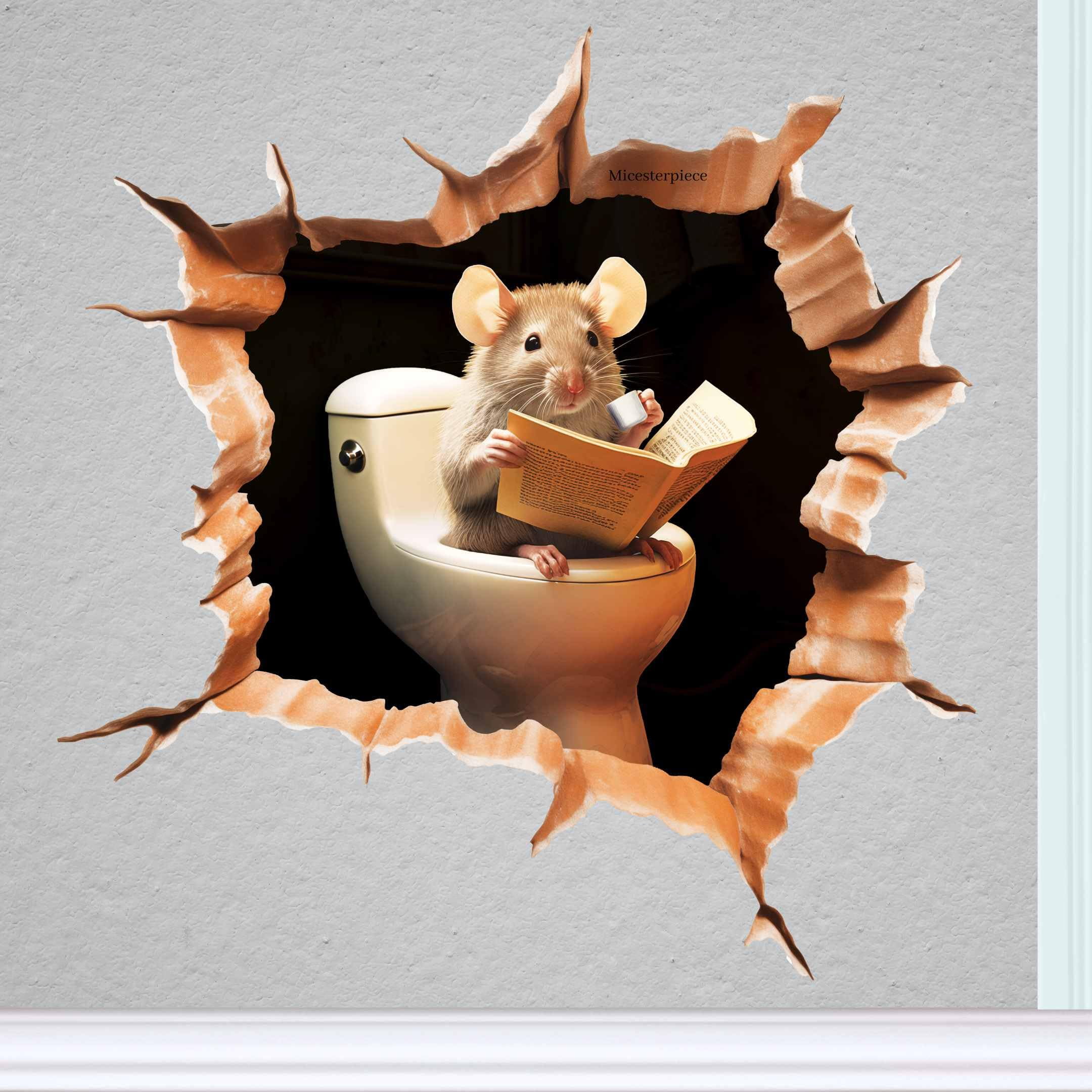 Mouse Sitting on Toilet - 3D Mousehole Wall Sticker Decal - Removable ...