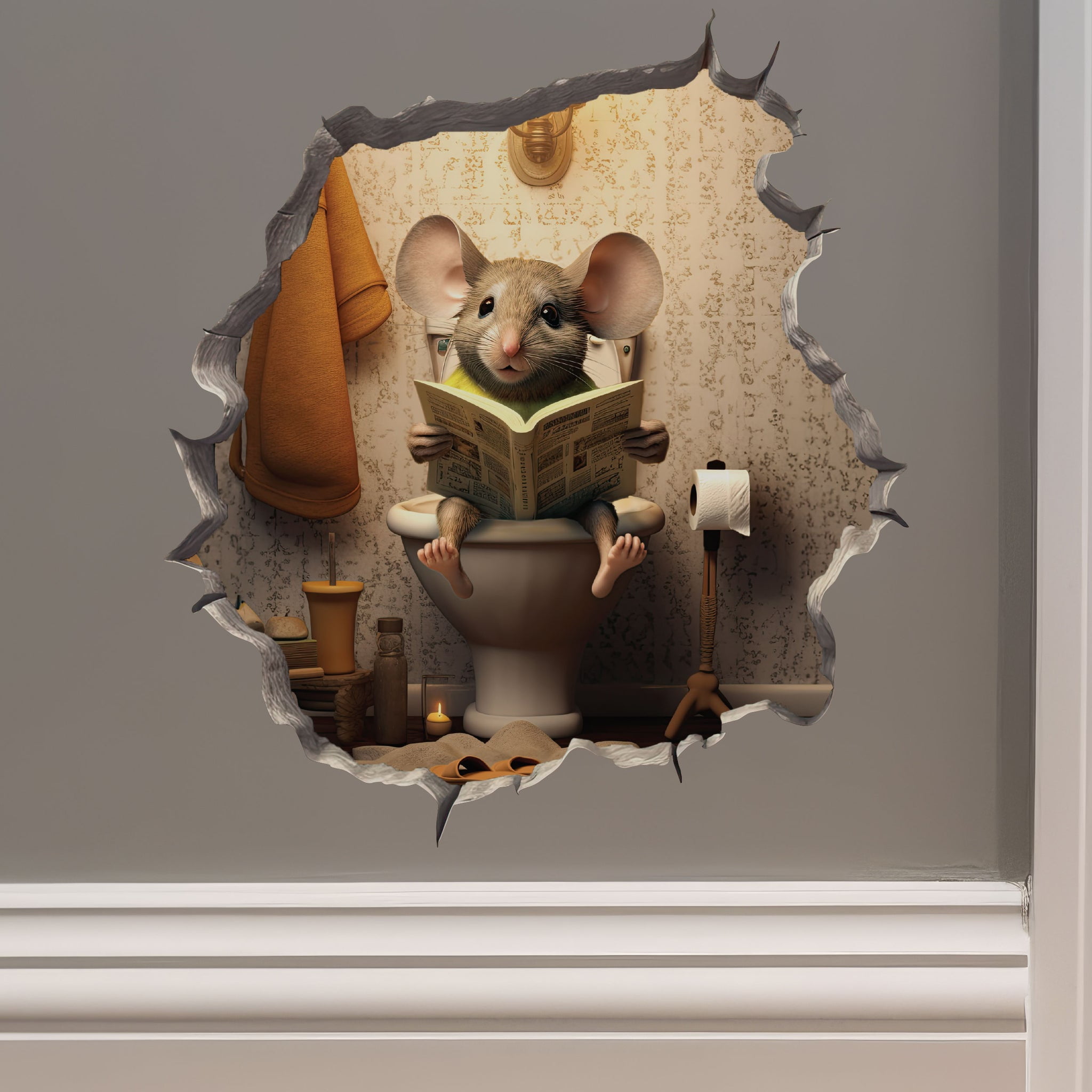 Mouse Sitting on Toilet in Mouse Hole Decal - Mouse Hole 3D Wall ...
