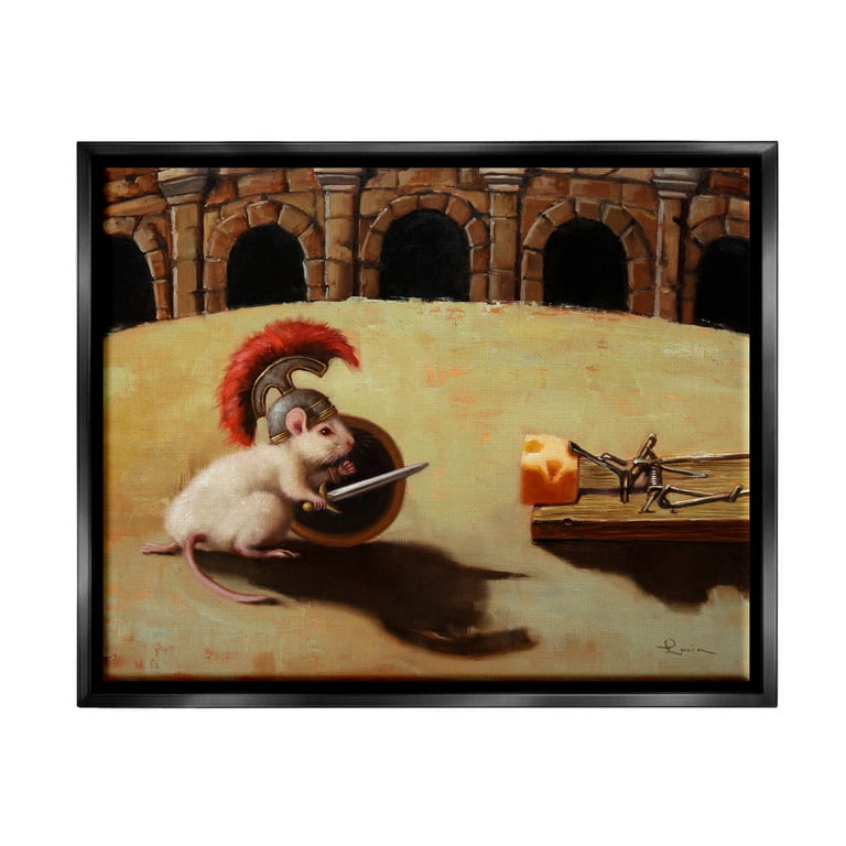 Mouse Vs Mousetrap Funny Battle Animals Insects Painting Jet Black Framed Art Print Wall Art