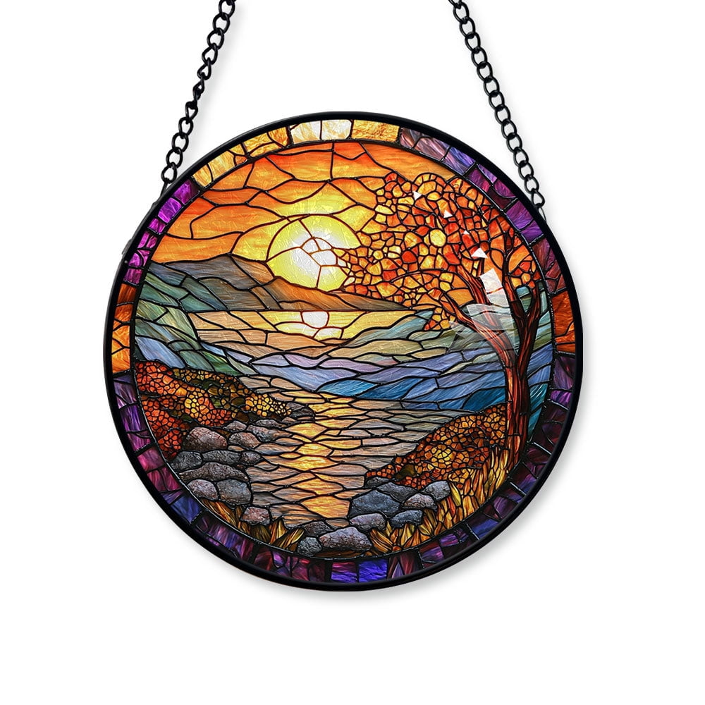 Moutain Landscape Stained Glass Suncatcher Window Hanging, Christmas 2025 Gift, Hanging Window ...