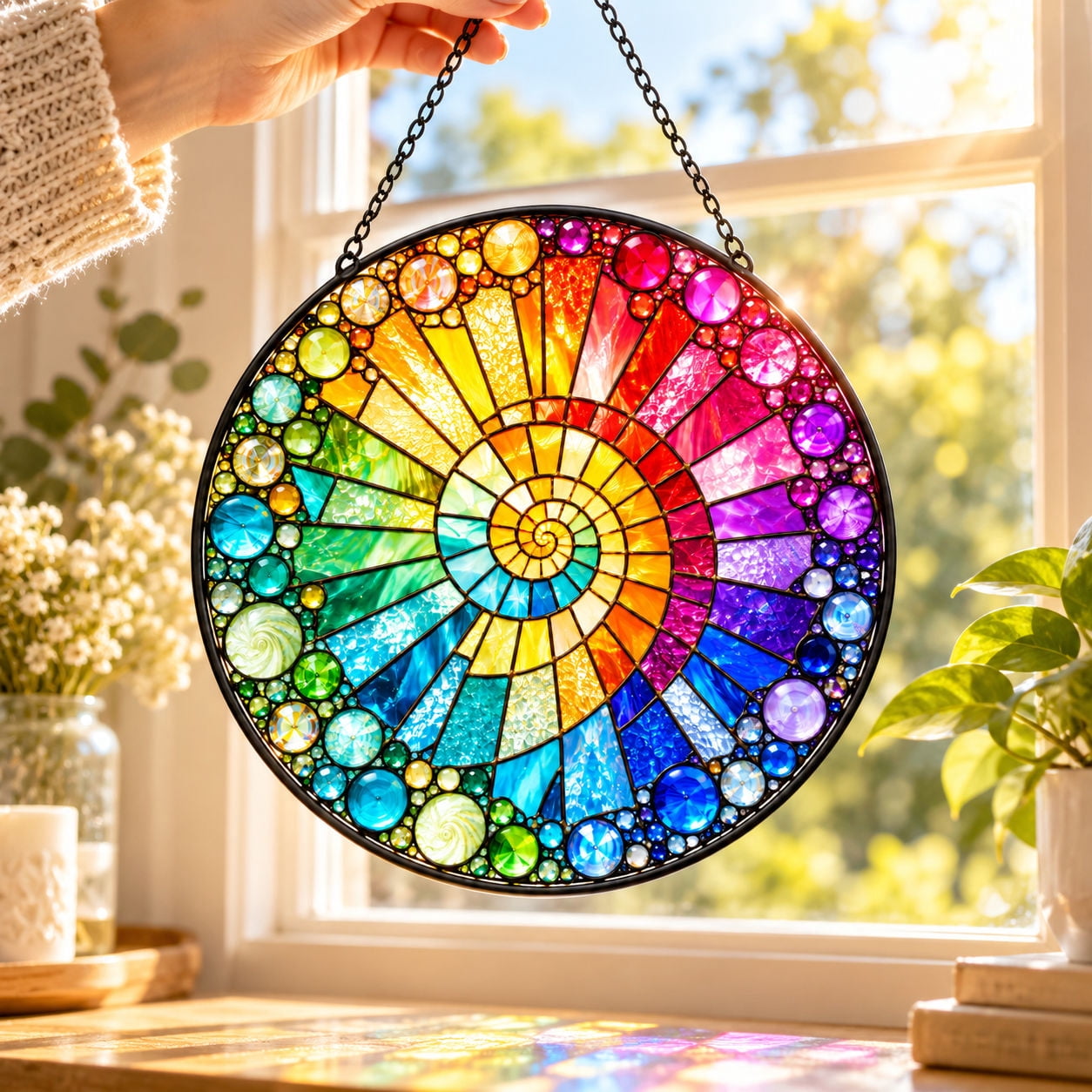 Movaax Rainbow Spiral Sunburst Stained Glass Suncatcher, Colorful ...